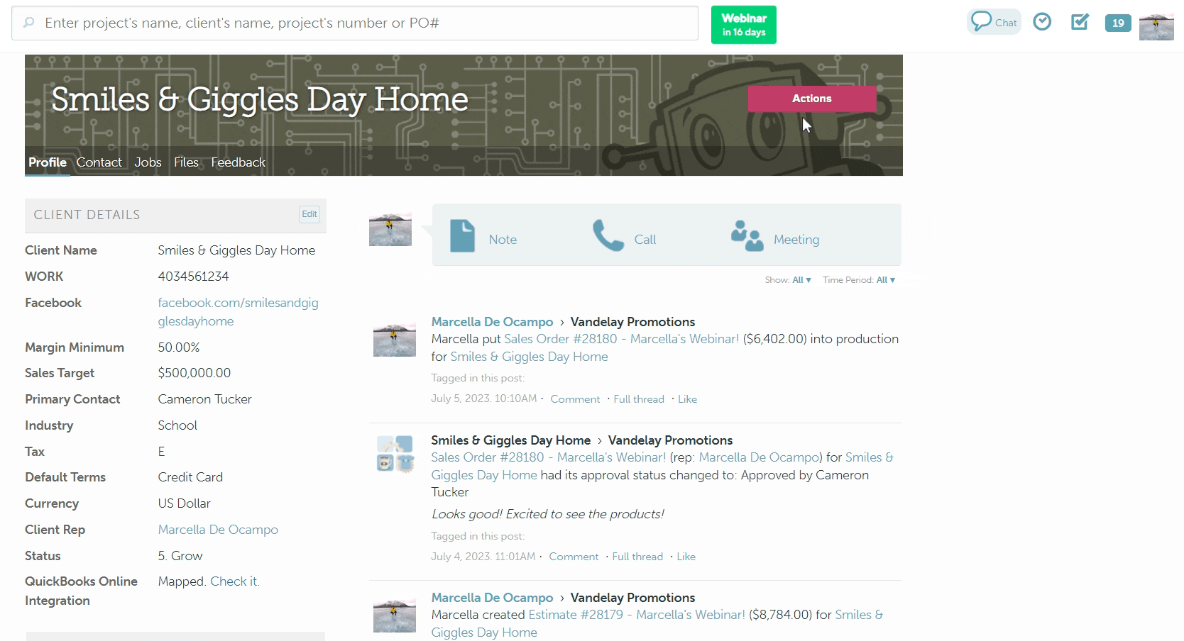 What is the Actions Button on a Client's Page?