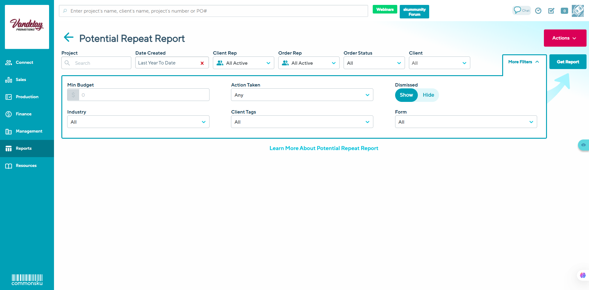 Potential repeat order report